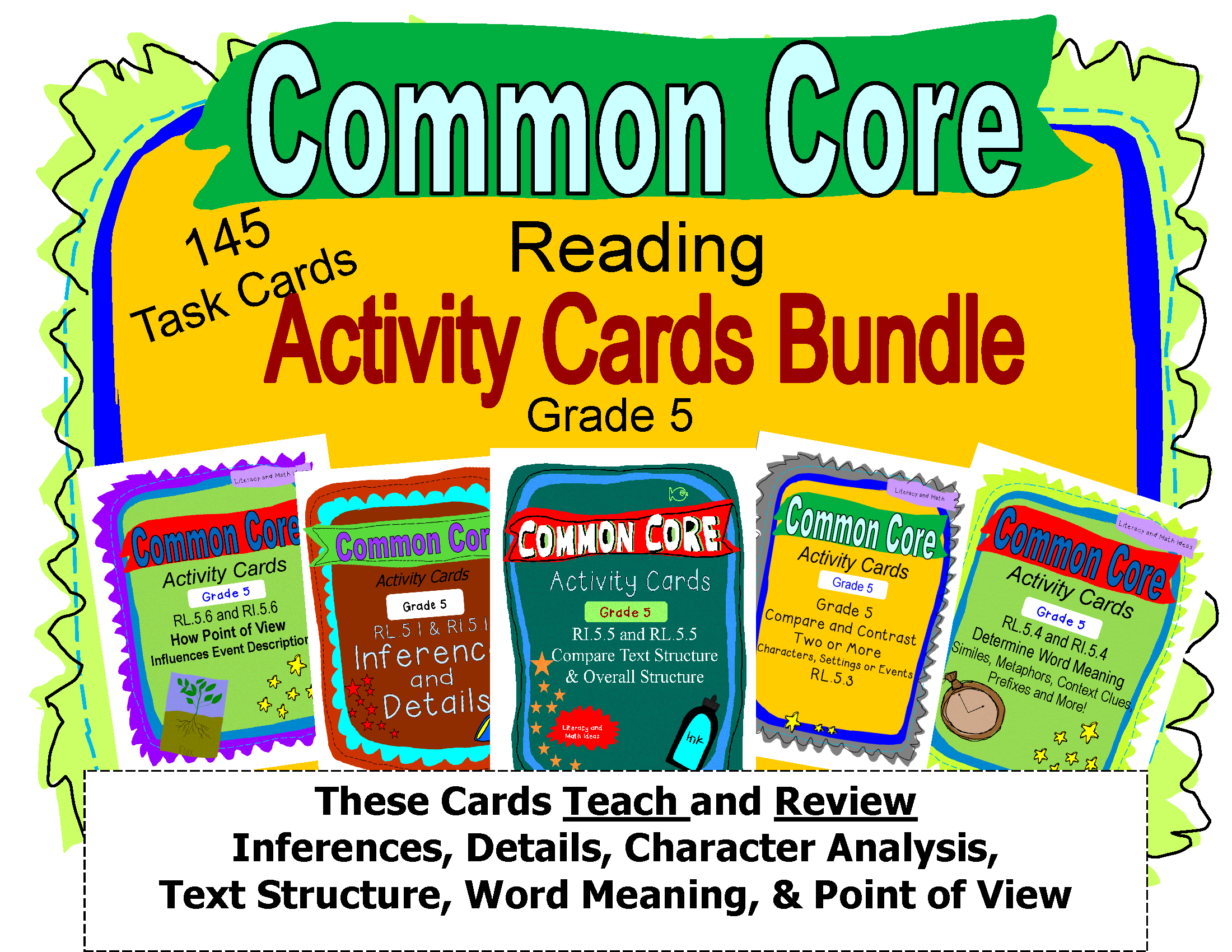 Grade 5 Common Core Reading Activity Cards Bundle – Literacy and Math Ideas
