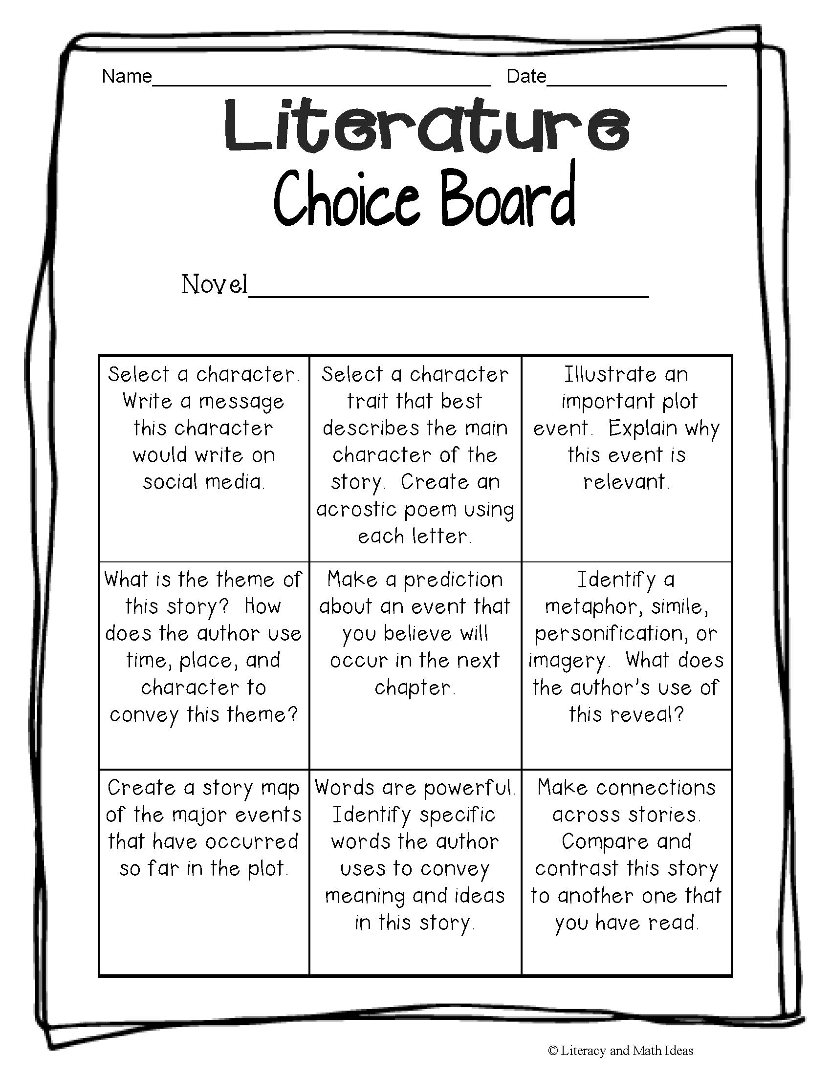**Free** Literature Choice Board – Literacy and Math Ideas