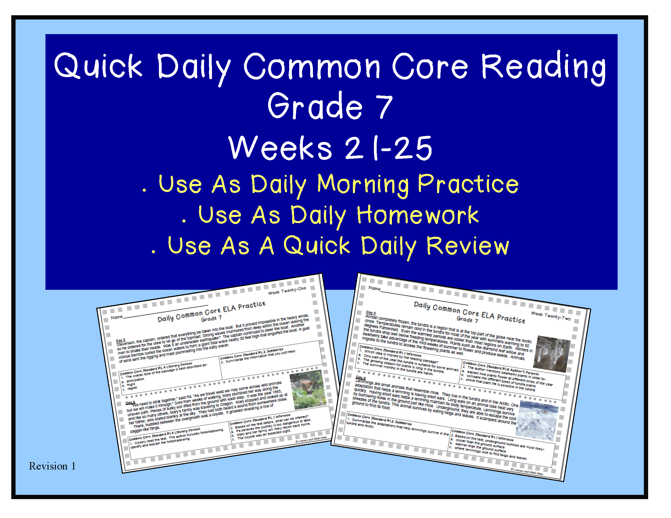 Grade 7 Daily Common Core Reading Practice Weeks 21-25 – Literacy and ...