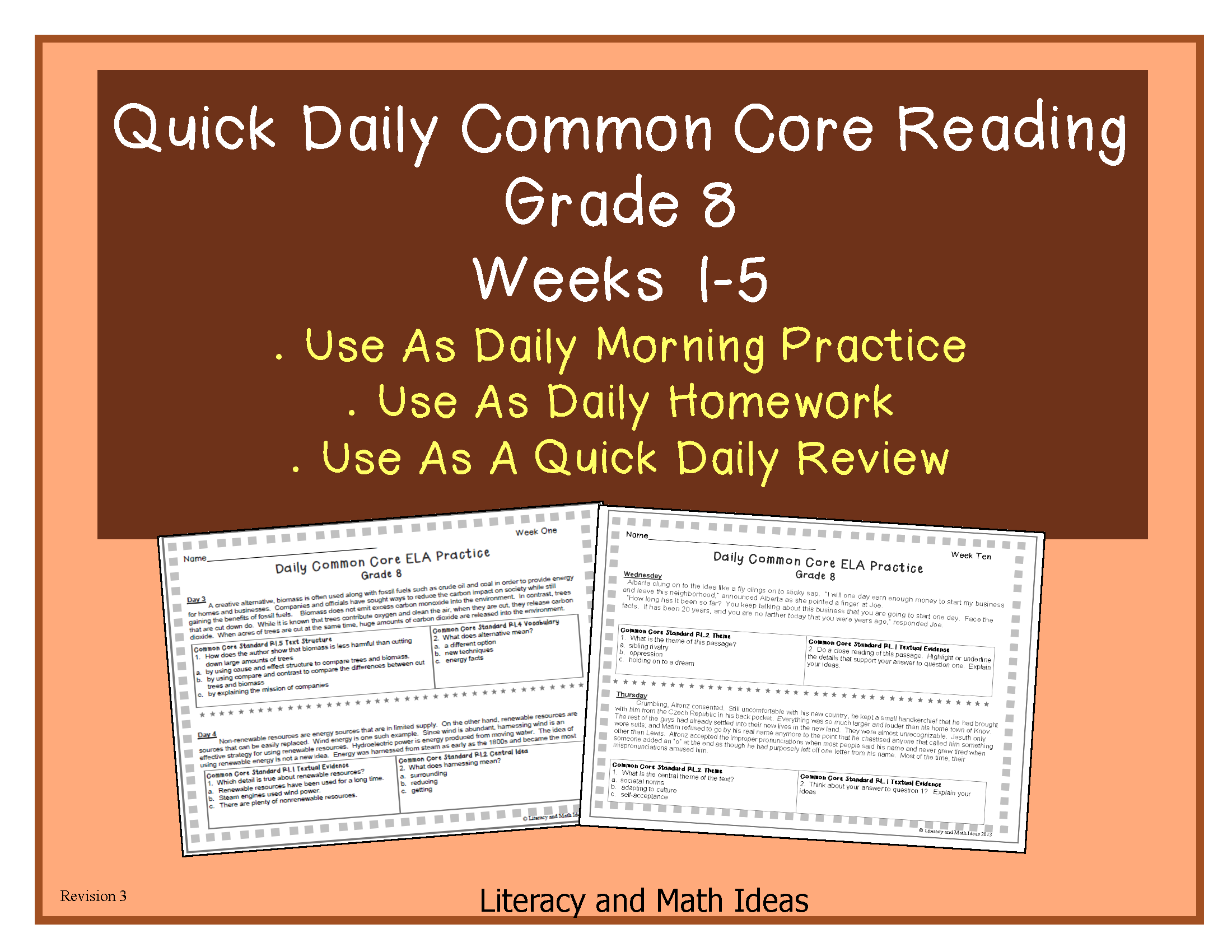 Grade 8 Daily Common Core Reading Practice Weeks 1-5 – Literacy and ...