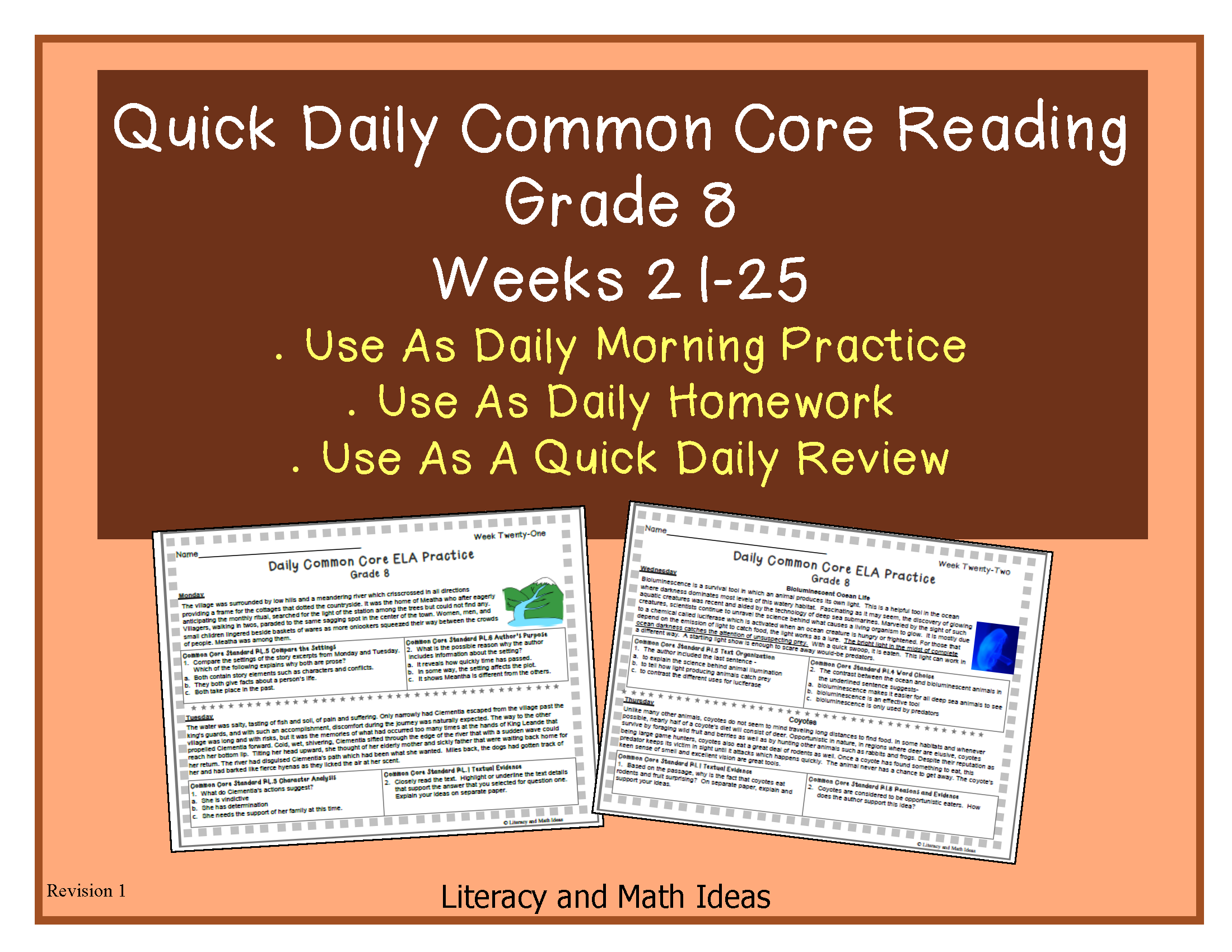 Grade 8 Daily Common Core Reading Practice Weeks 21-25 – Literacy and ...