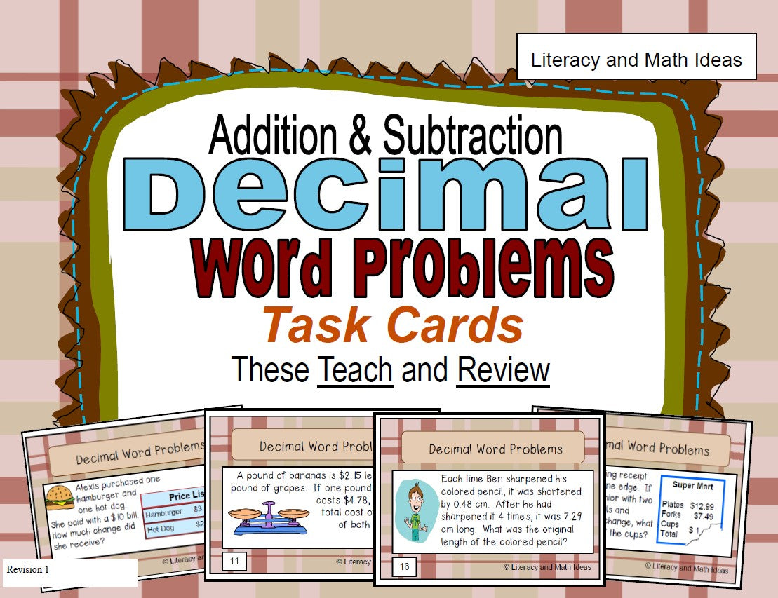 Decimal Word Problems Task Cards (Add & Subtract) – Literacy and Math Ideas