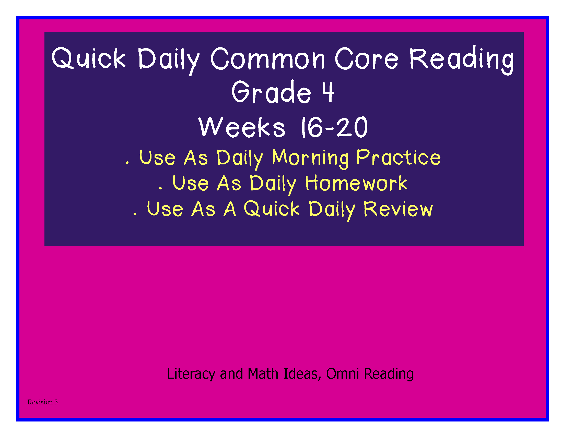 Grade 4 Daily Common Core Reading Practice Weeks 16-20 – Literacy and ...