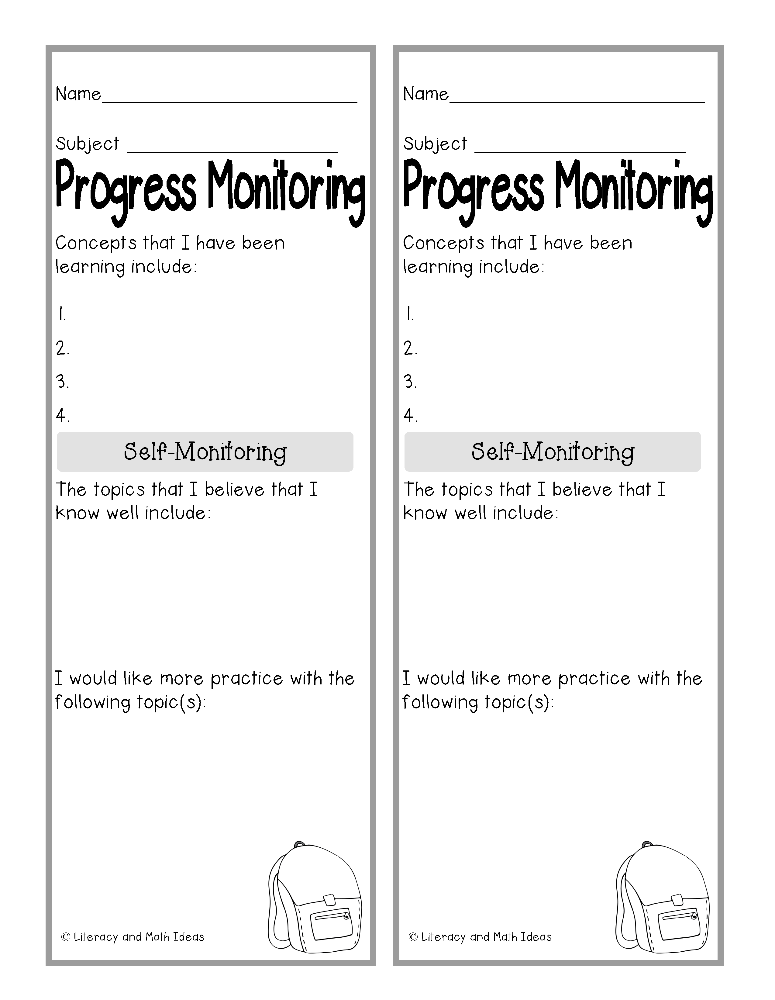 **Free** Self-Monitoring Progress Forms – Literacy and Math Ideas