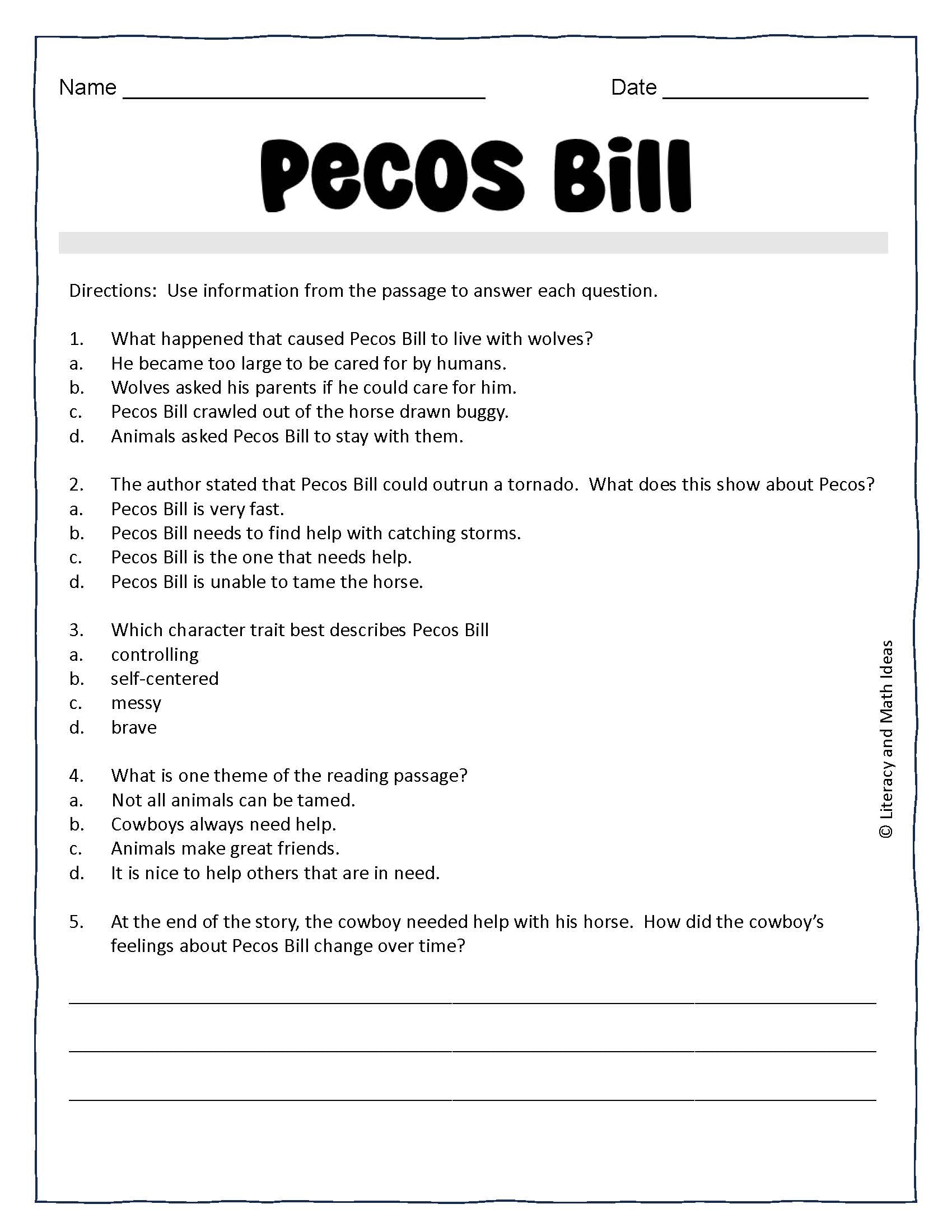 Free Tall Tale: Pecos Bill (Printable Book & Comprehension Questions ...
