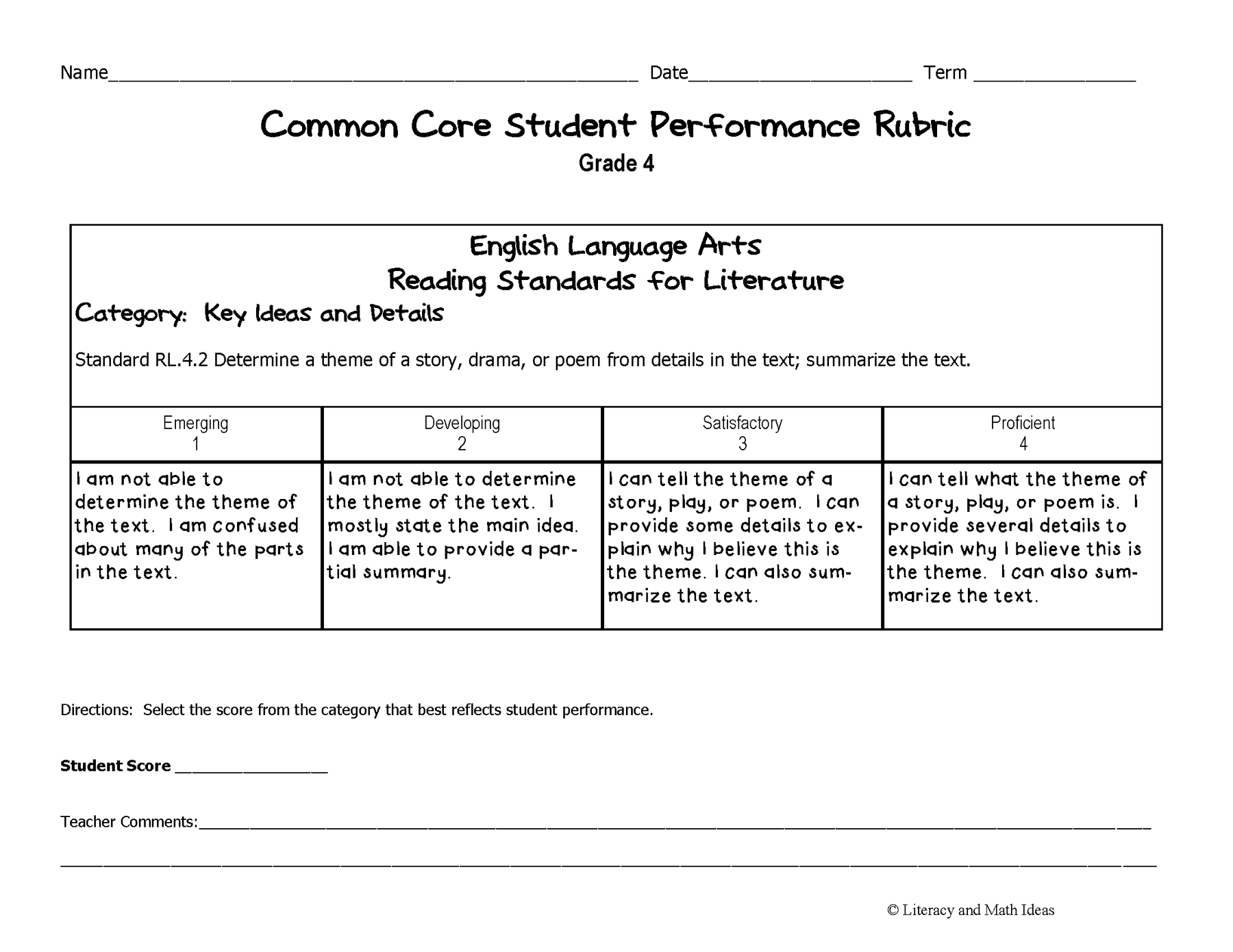 Common Core ELA Rubrics: Grade 4 – Literacy and Math Ideas