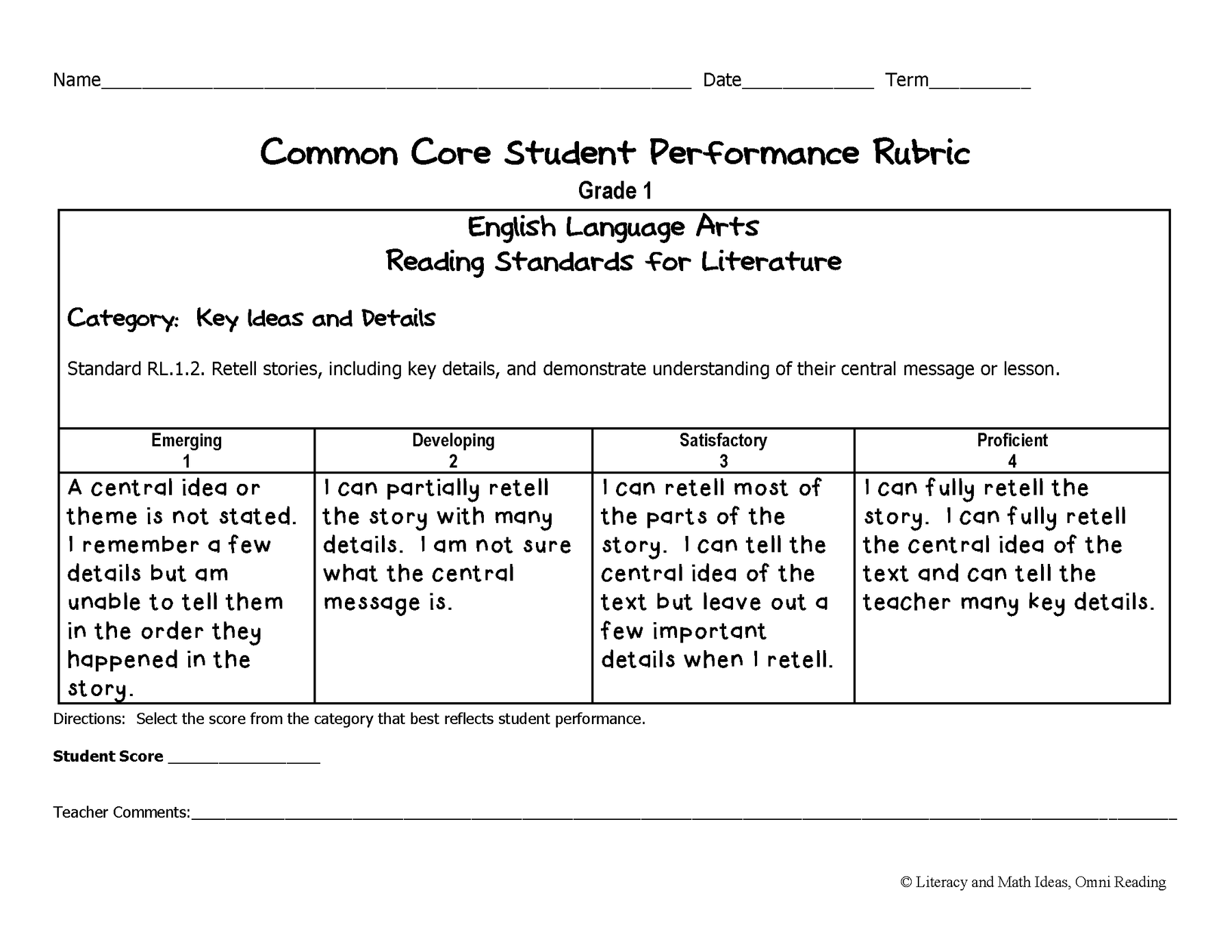 Common Core ELA Rubrics: Grade 1 – Literacy and Math Ideas